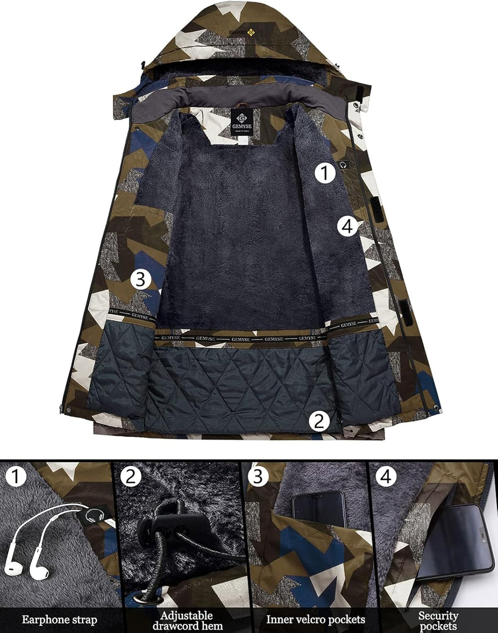 Men'S Windproof Ski Jacket Warm Raincoats Snowboarding Hooded Parka wi ...